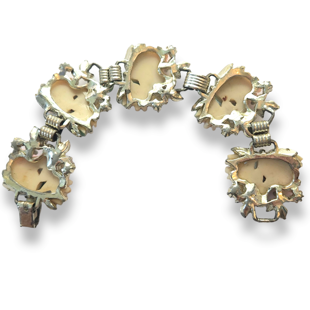 Rare Vintage Celluloid Flowers 5-Link Bracelet - Pink, Green, Lavender